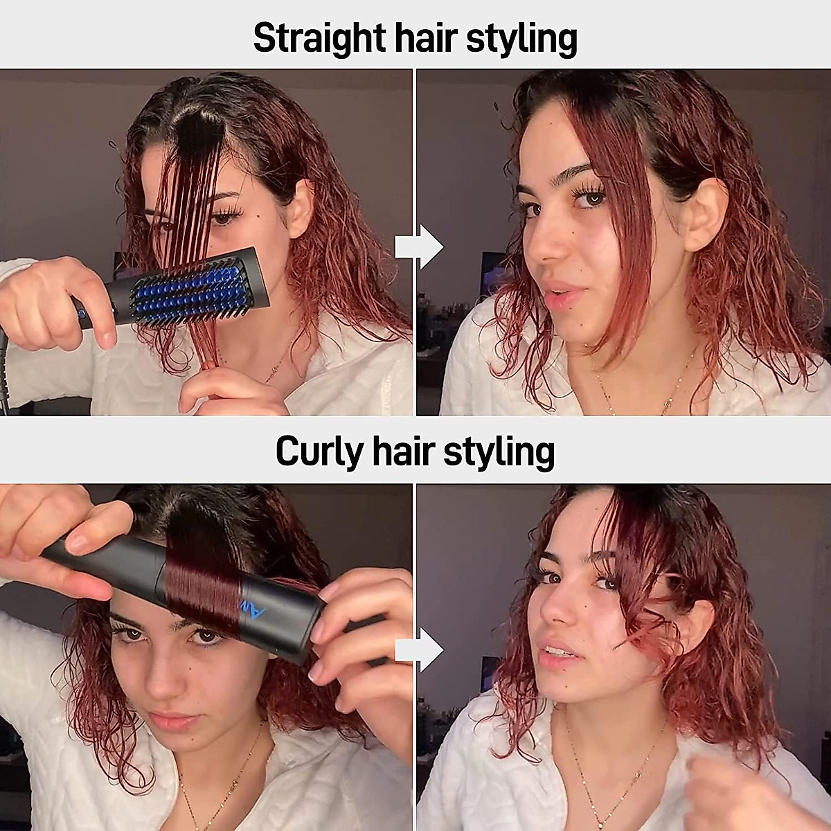 Hair Straightener Brush, AmoVee Ionic Hair Straightener Comb,15s Fast Heating up, 5 Adjustable Temp 285℉-430℉, Auto Temp Lock Straightening Brush for Home Salon, Dual Voltage, Blue