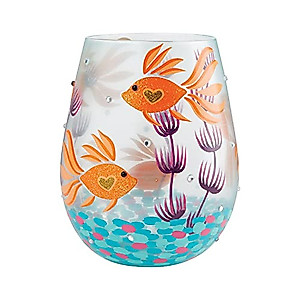 Enesco Designs by Lolita Turquoise Water and Gold Fish Artisan Hand-Painted Stemless Wine Glass, 1 Count (Pack of 1), Multicolor