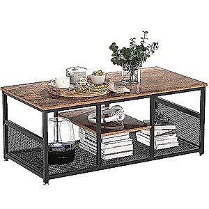 VECELO Coffee Center Table with Storage for Living Room Office Reception, Modern & Industrial Mesh Shelf, 39.4 Inch, Rustic Brown