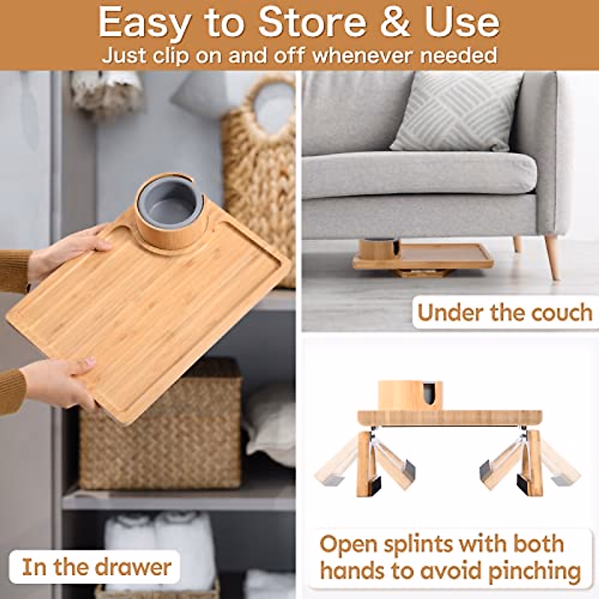 BS-VOG Couch Arm Table Tray, Bamboo Sofa Armrest Clip on Tray with Removable Couch Cup Holder, Portable Recliner Arm Rest Organizer for Eating, Drinks, Snacks, Remote, Phone, No Installation