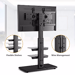 Universal Floor TV Stand with Height Adjustable Swivel Mount and 3 Media Storage Shelves, Fit for 42 43 47 50 55 60 65 70 75 Inch Plasma LCD LED OLED Flat or Curved Screen TVs