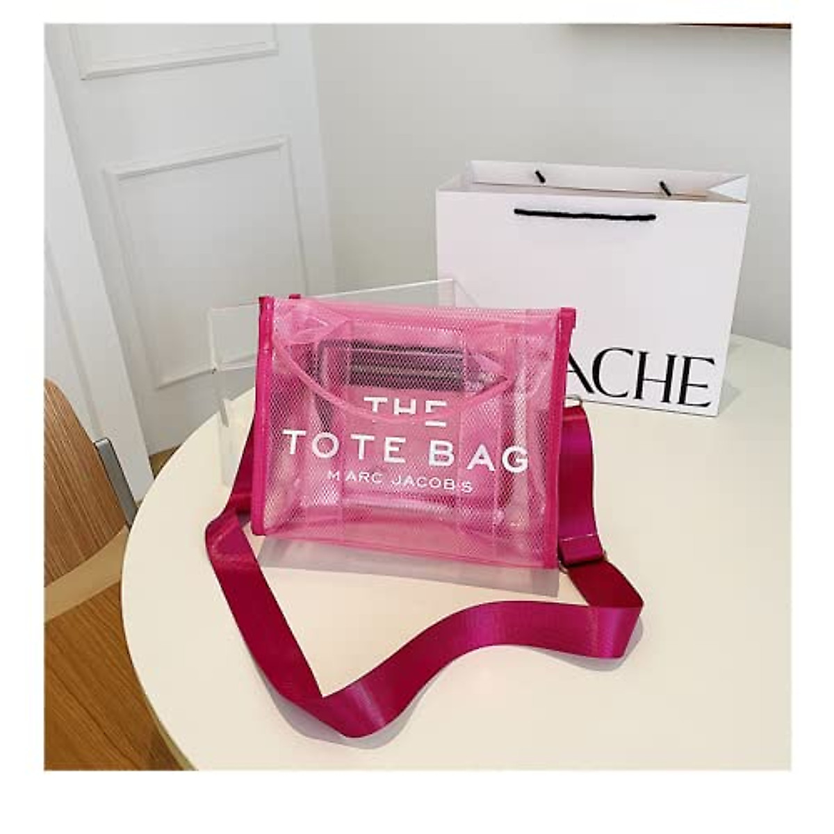 Twjimo Oversized Beach Bag, Transparent PVC Tote Bag, Outdoor, Beach, Pool, Mesh Beach Bag, Waterproof Beach Bag (10.6x8.2x4.1,pink)