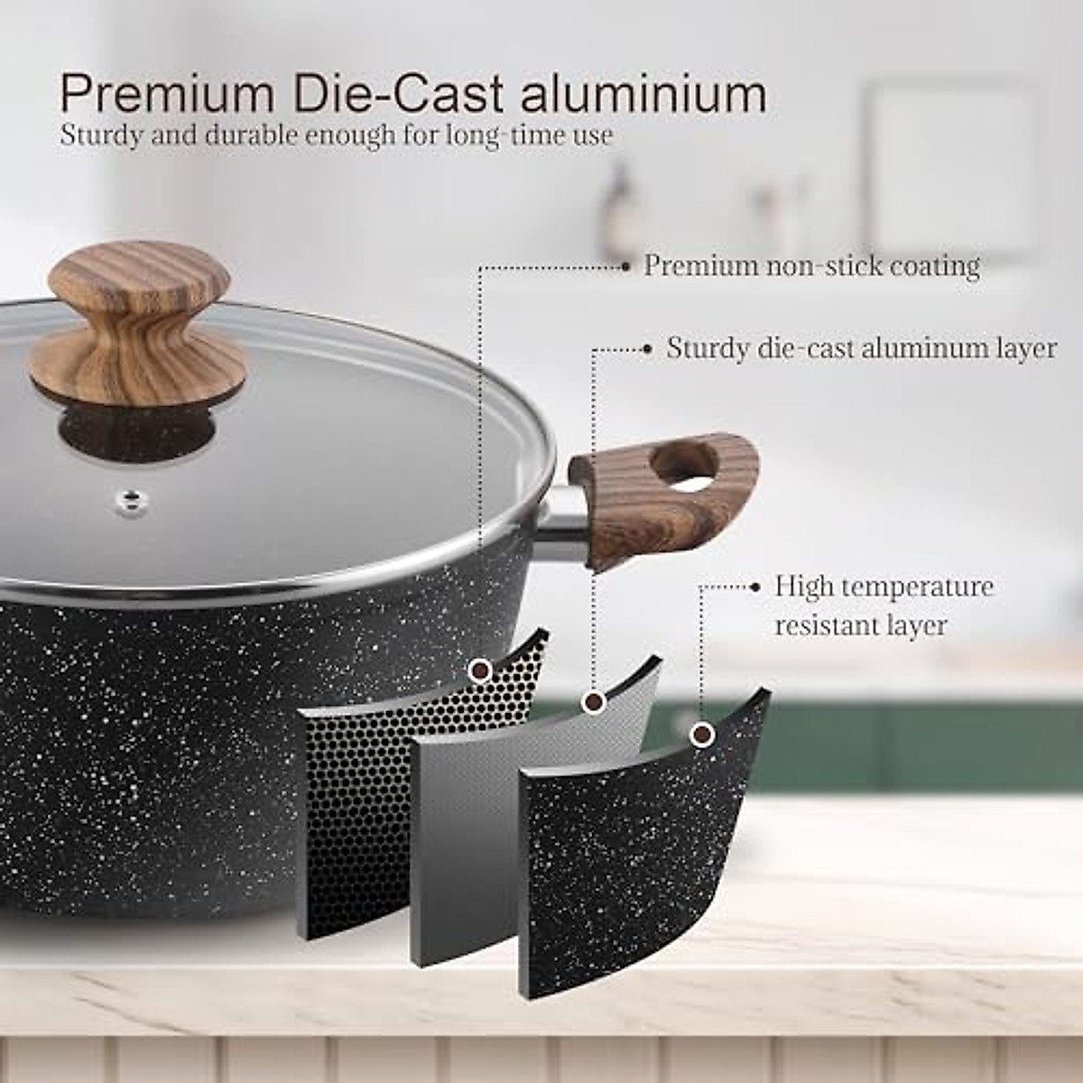 Leetaltree Nonstick Cookware Sets - 16 Pieces Pots and Pans with Utensils and Steamer, Nonstick Cast Aluminum Kitchen Cookware with Bakelite Handles, Non Toxic, PFOS/PFOA Free (Black)