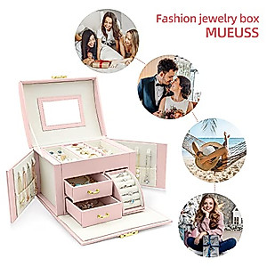 MUEUSS Jewelry Organizer Box for Girls Women Ideal Gift, Travel Portable Jewelry Case with Mirror and Lock For Necklace Earrings Rings Bracelets(Pink)