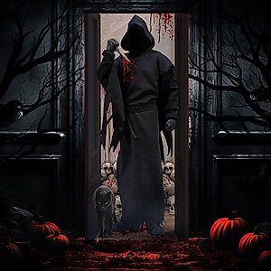 Halloween Door Cover, Scary Halloween Front Door Banner Covering Decorations, Fabric Halloween Door Hanging Banner Backdrop Decor Indoor Outdoor Halloween Party Supplies Decorations 72.8x35.4 Inch