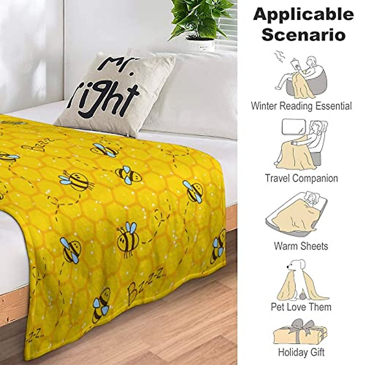 Cute Bee Sofa Throw Blanket Flannel Super Soft Warm Fleece Bedspread Home Decor All Season for Bed Couch Living Room Large 50"X40" in