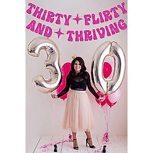 Hot Pink Thirty Flirty And Thriving Banner Talk Thirty to Me Banner for Women's 30th Birthday Party Decorations