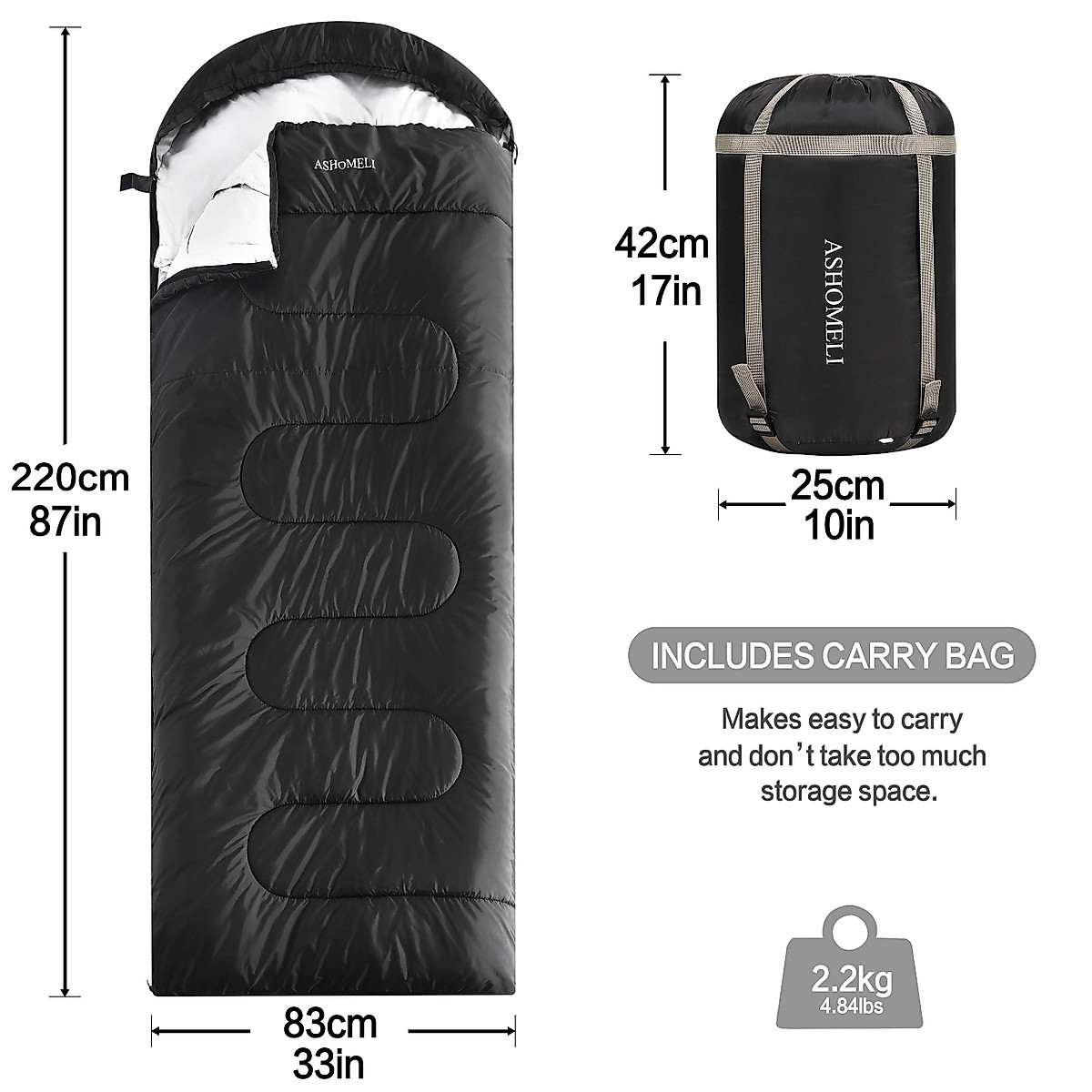 ASHOMELI Camping Sleeping Bag - 4 Season Warm & Cool Weather - Summer, Spring, Fall, Winter, Lightweight, Waterproof Sleeping Bags for Adults & Kids - Camping, Traveling, Indoors and Outdoors