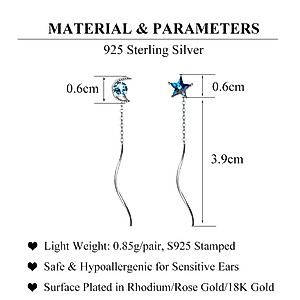 SLUYNZ 925 Sterling Silver Blue Crystal Star Moon Dangle Earrings Chain for Women Star Dangling Earrings Threader Tassel (A-Silver)