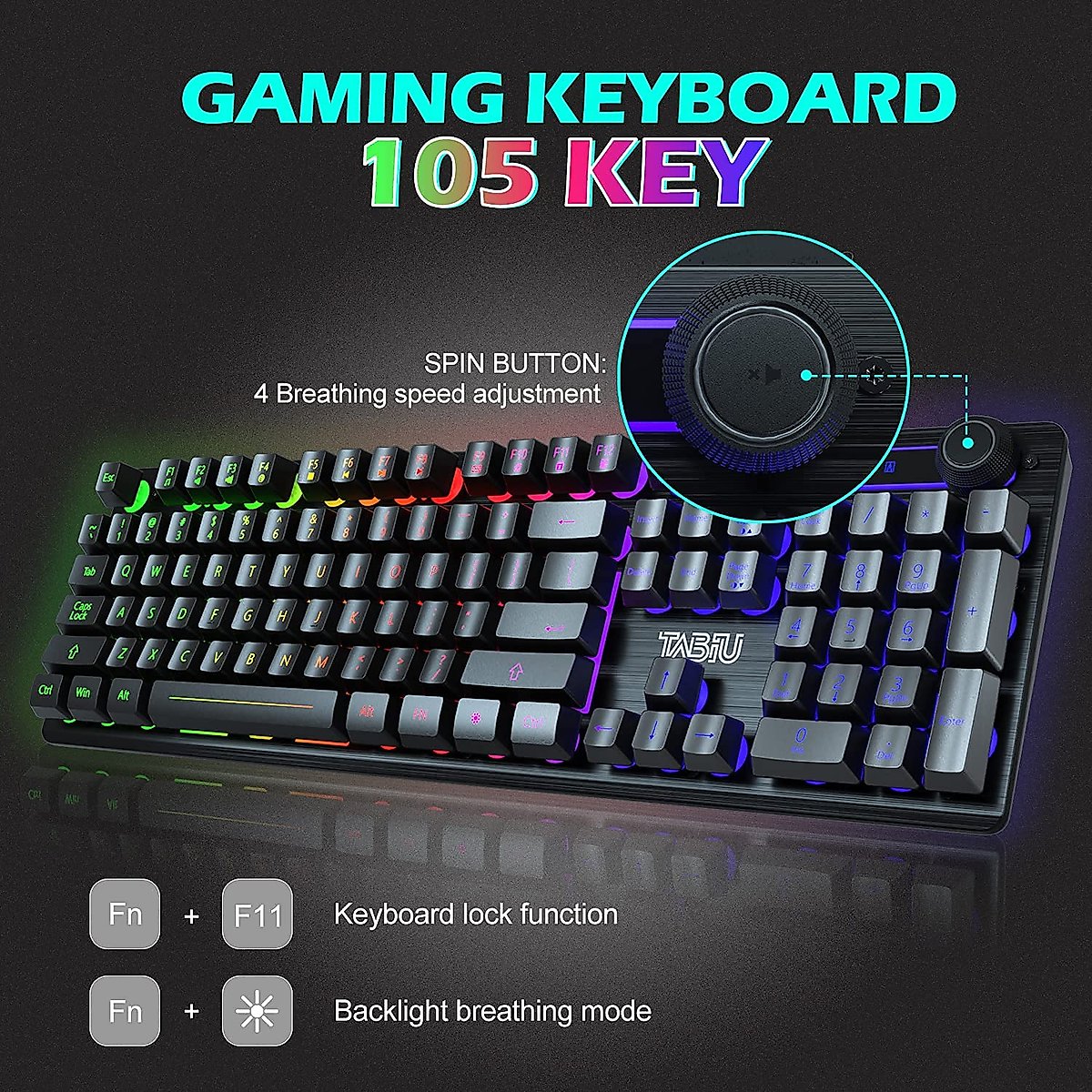 TNBIU Gaming Keyboard, 105-Key Wired Membrane Keyboard, Rainbow LED Backlit Keyboard, Floating Keycap Design, Aluminum Alloy Panel, Stylish Appearance Design, Suitable for Desktop, Computer, PC