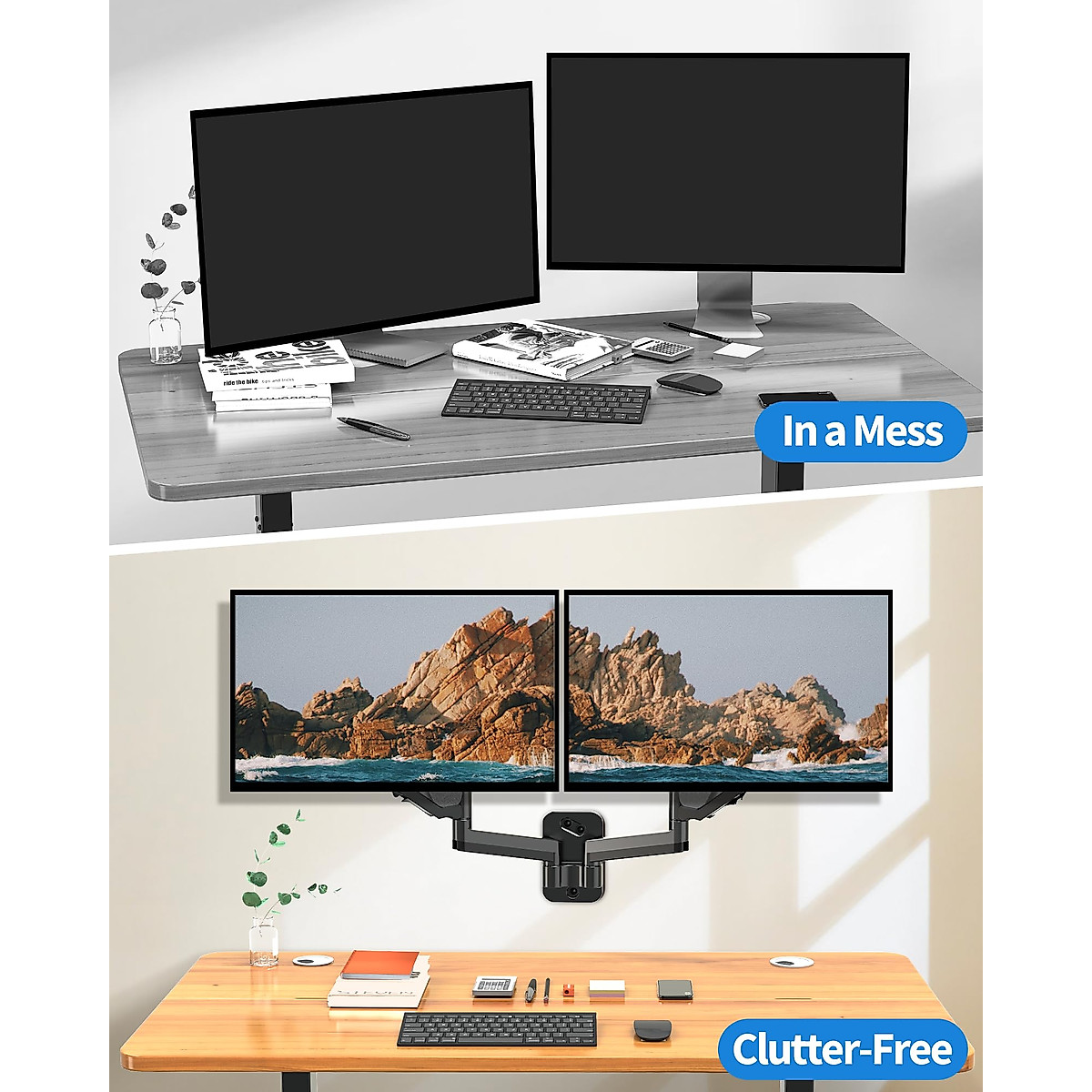 MOUNTUP Dual Monitor Wall Mount for 2 Max 32 Inch Computer Screen, Fully Adjustable Gas Spring Double Monitor Arm, Wall Mounted Monitor Holder Support 2.2-17.6lbs Display, VESA Bracket 75x75, 100x100