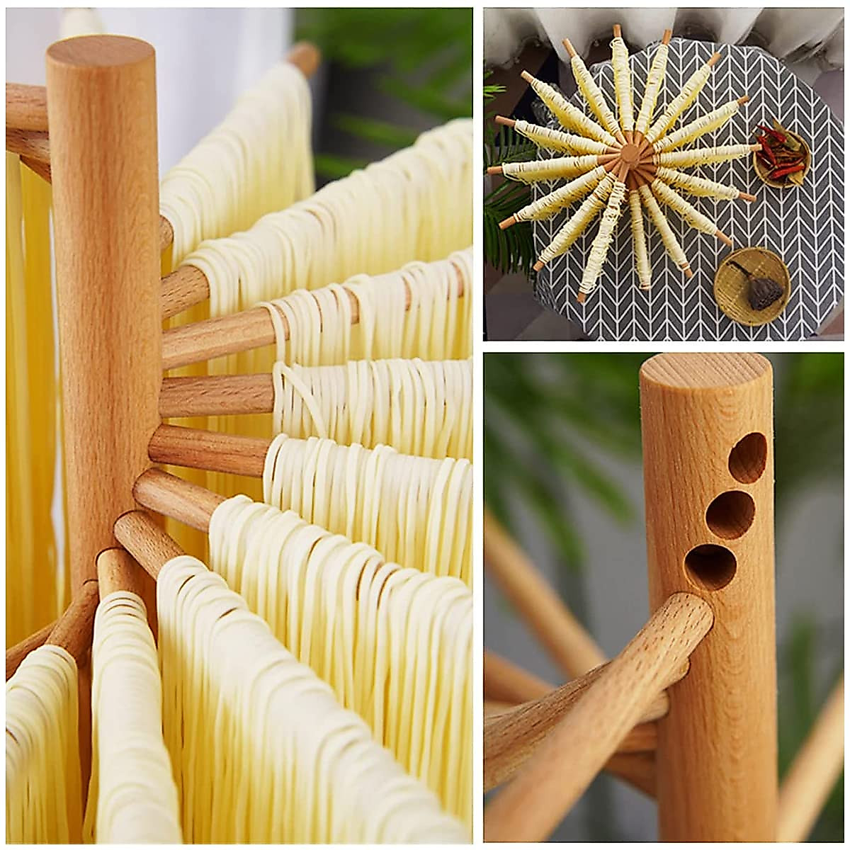 DlbvFoy Collapsible Pasta Drying Rack, Wooden Spaghetti Stand Dryer with 16 Suspension Rods Homemade Fresh Noodle Hanger, Noodle Drying Rack Easy Storage and Quick Set-Up Hanging Rack