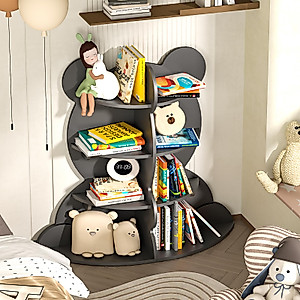 HedoAjim Kids Bookshelf Little Bear Toddler Book Rack 4-Tier Baby Child Bookcase Toy Organizer Book Storage Wood Display Stand Shelf for Nursery Playroom Bedroom Classroom Kindergarten