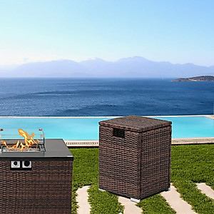 HOMPUS 16-inch Elegant 20LP Propane Tank Cover Patio Table Storage Box Hideaway End Table Outdoor Side Table Patio Storage Box Wicker Ratten Gas Tank Table for Fire Pit Table, Brown Rattan