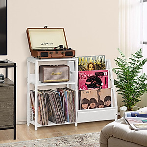 LELELINKY Record Player Table,Turntable Shelf with Vinyl Storage Up to 150 Albums,White Side Table with 3 Tier Magazine Periodical Book Rack,Wide Metal Record Holder Cabinet for Room Office