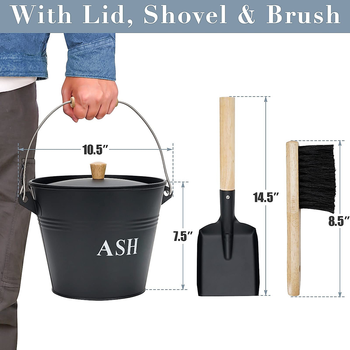Mini Ash Bucket with Lid, Shovel and Broom, 1.5 Gallon Fireplace Metal Bucket with Lid, Charcoal Bucket and Ash Can for Fireplace, Fire Pits, Hearth, Wood Burning Stoves, Indoor and Outdoor