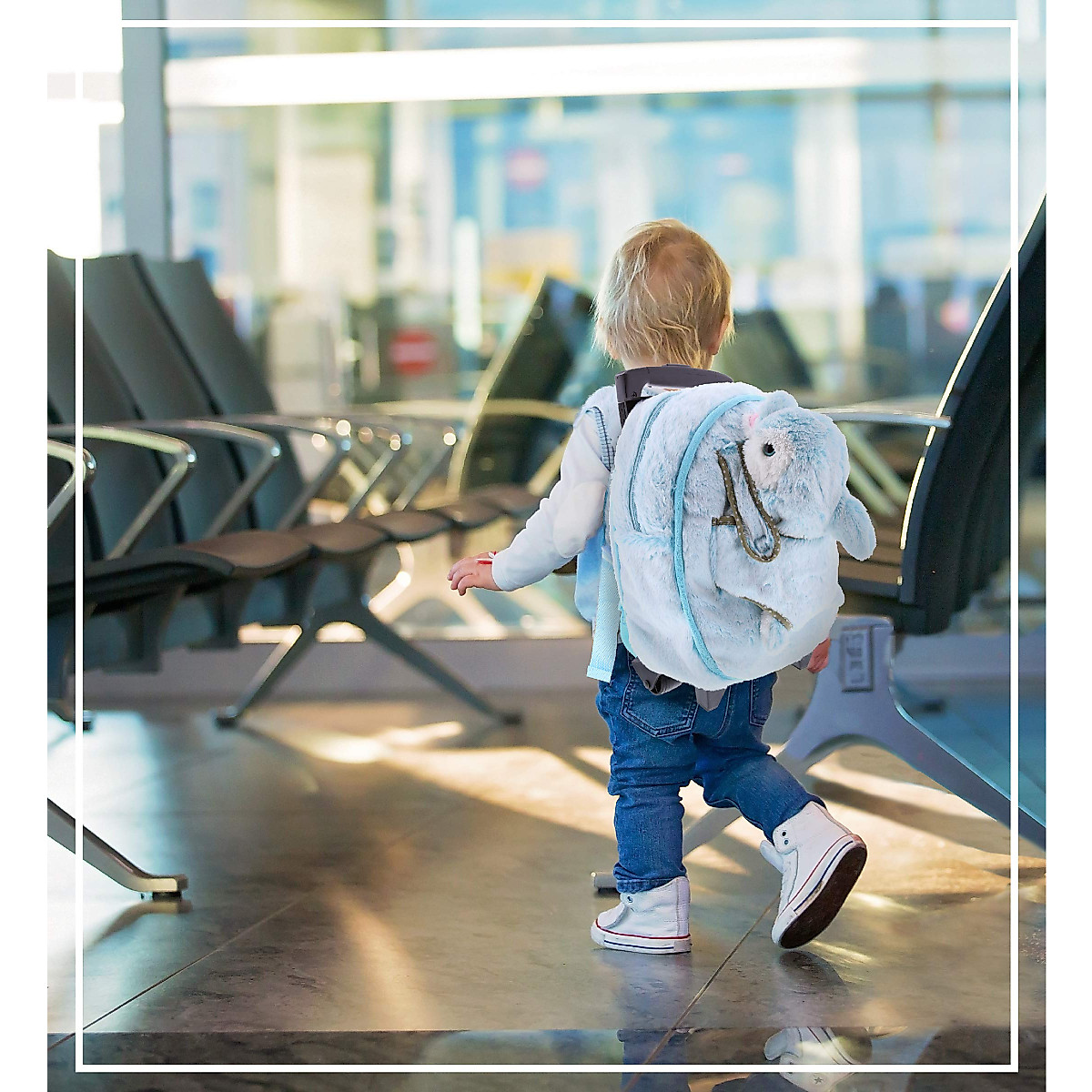 DolliBu Dolphin Plush Trolley and Purse Set - 3-in-1 Kids Trolley, Backpack, Blue Dolphin Purse, Soft Plush Backpack on Wheels, School Rolling Bag with Removable Plush Toy- 15"