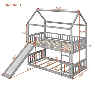 House Bunk Beds with Slide Twin Over Twin Floor Bunk Bed Frame Wood Playhouse Bunkbed with Storage for Kids Toddlers Girls/Boys, Gray