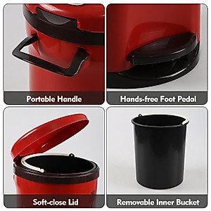 Readsky 2.6 Gallon Plastic Step-On Trash Can, Round Trash Can with Inner Bucket, Red