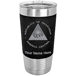 LaserGram 20oz Vacuum Insulated Tumbler Mug, Flag of Nicaragua, Personalized Engraving Included (Faux Leather, Black)