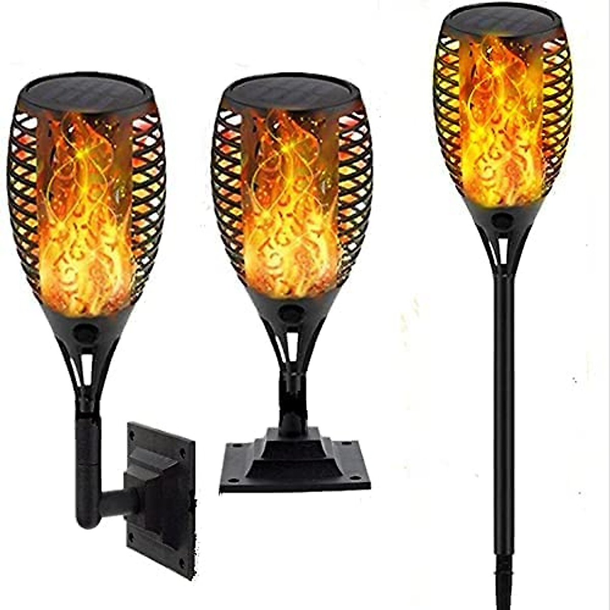 Solar Landscape Path Garden Lights Outdoor 3 in 1 Adaptors Deck Lighting Fence Post Light Dancing Flickering Flame Torch LED Wall Lamp Waterproof for Yard Porch Patio 4 Pack