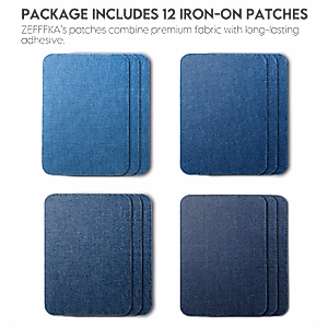 ZEFFFKA Premium Quality Denim Iron-on Jean Patches Inside & Outside Strongest Glue 100% Cotton Assorted Shades of Blue Repair Decorating Kit 12 Pieces Size 3" by 4-1/4" (7.5 cm x 10.5 cm)