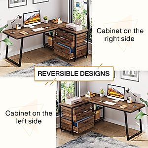 LITTLE TREE Reversible 53-inch L Shaped Desk with 3 Drawer, Farmhouse Corner Desk Gaming Table with Shelves and File Cabinet for Letter Size & Legal Size File for Home Office and Small Space, Brown