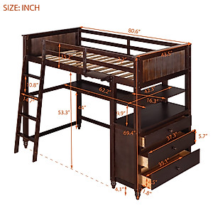 GINGVAT Twin Size Loft Bed with Drawers and Desk,Wood Loft Bed with Ladder and Shelves,for Bedroom,Dorm,Apartment,Espresso