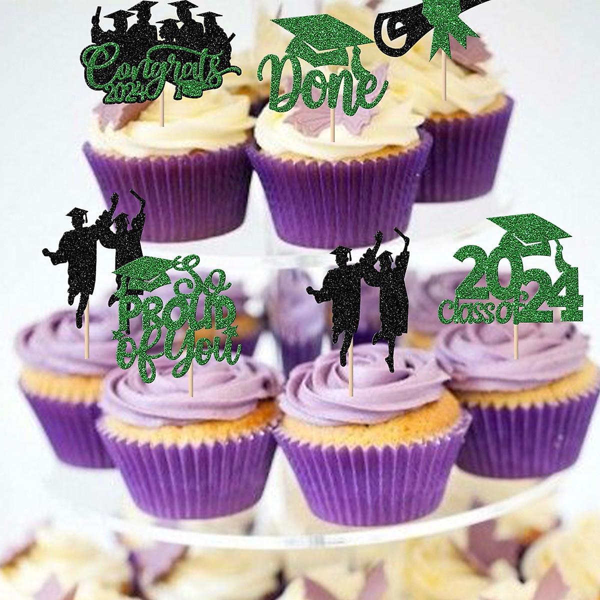 24 Pack Class of 2024 Cupcake Toppers Glitter Congrats 2024 Done Diploma Cupcake Picks for So Proud of You 2024 Graduation Theme Cake Decorations Party Supplies Green Black
