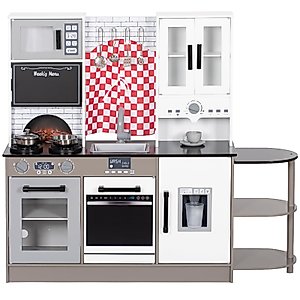 OHKIDS Kids Kitchen Playset, Wooden Kids Pretend Kitchen w/Faucet, Sink, Microwave, Oven, Blackboard, Coffee Maker, Pretend Cooking Toys for Toddlers w/Lights & Sounds, Gift for Kids Age 3+