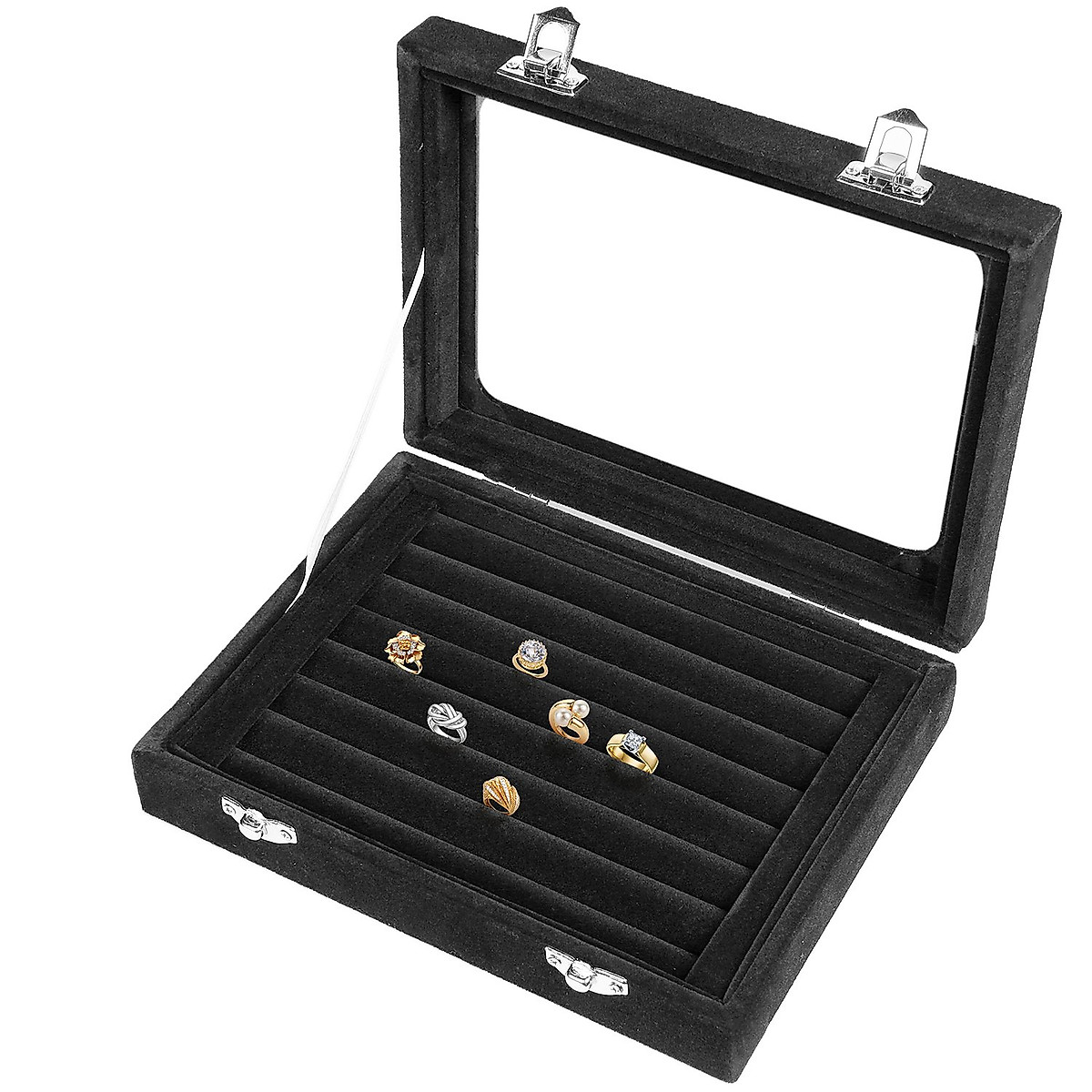Basuwell Earring Storage 7 Slots Velvet Jewelry Tray for Drawers Glass Clear Lid Showcase Display Ring Organizer Earring Ring Trays Holder Cufflink Showcase-Black