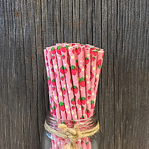 Strawberry Pattern Paper Straws - Valentine - Pink Red Green - 7.75 Inches - 100 Pack