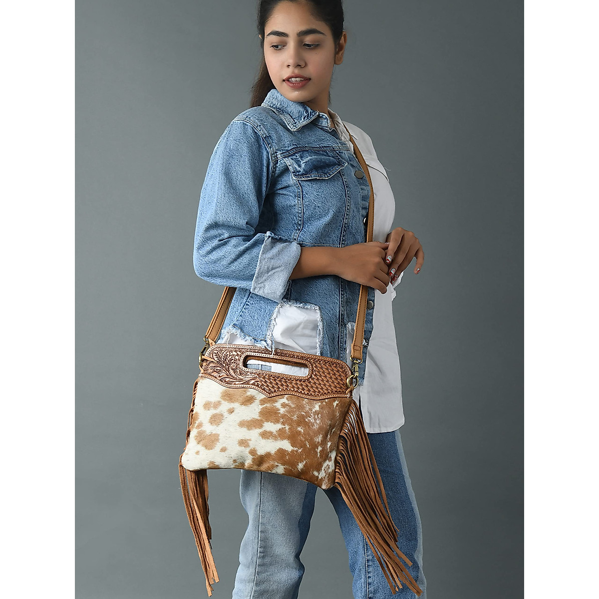 Western Suede Fringe Hair-On Crossbody Bag Women Natural Leather Hand Bag With Adjustable Strap | Leather Handbag | Purse | Side Sling Bag