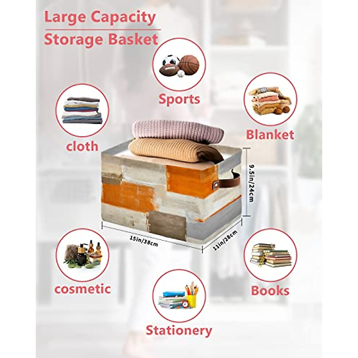 Orange Grey Oil Painting Storage Bins 1 Pack, Large Waterproof Storage Baskets for Shelves Closet, Burnt Orange Geometry Abstract Art Storage Basket Foldable Storage Box Cube Organizer with Handles