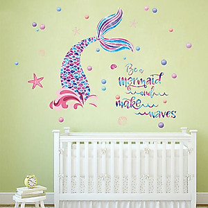 Runtoo Mermaid Wall Stickers for Girls Bedroom Kids Inspirational Quotes Wall Decals Bathroom Baby Nursery Wall Decor