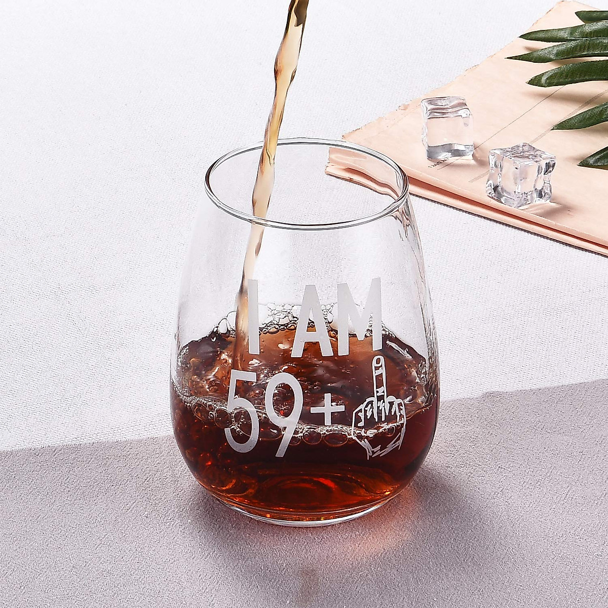 Wine Glass 59 + One Middle Finger 60th Birthday Gift for Men Women Funny Stemless Wine Glass Unique Gifts for Friend Wine Lover Turning 60 Perfect Party Decoration Big Capacity Better Sober Up 15Oz