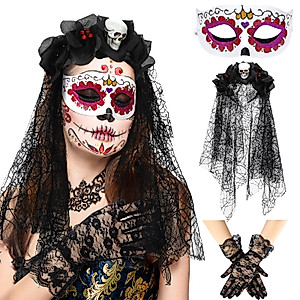 Yunlly 3 Sets Day of The Dead Mexican Flower Veil Headband Gothic Lace Gloves Day of The Dead Mask for Halloween Costume Cosplay (Elegant Style)