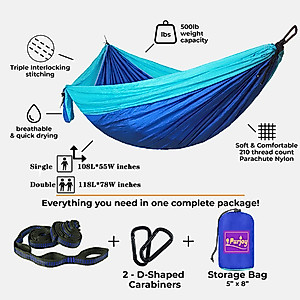 Purjoy Camping Hammock Single & Double Portable Hammocks with 2 Tree Straps (18 Loops/13.2 Ft Total),Lightweight Nylon Parachute Hammocks for Travel,Beach,Backyard,Patio,Hiking(LightBlue/DarkBlue1)