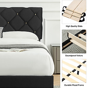 AsKmore Queen Size Bed Frame,Velvet Upholstered Platform with Headboard and Strong Wooden Slats,Non-Slip and Noise-Free,No Box Spring Needed, Easy Assembly,Black