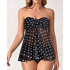 Tempt Me Womens Black Polka Dot Two Piece Bathing Suits Halter Bandeau Tankini Top Flyaway Swimsuit with Bottoms Tummy Control Swimwear L