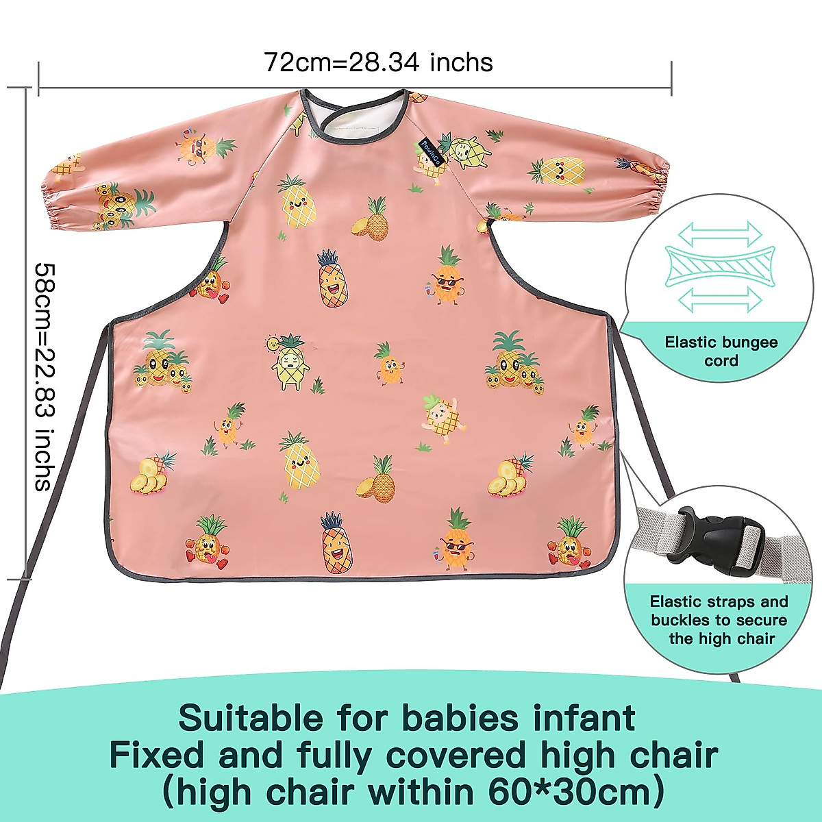 PewinGo Weaning Bib & BLW Attaches and Fully Cover to Baby Highchair, Long Sleeves Bib with Waterproof, Machine Washable & Comfortable,Easy to Clean, Suitable for Baby Infant-Pink