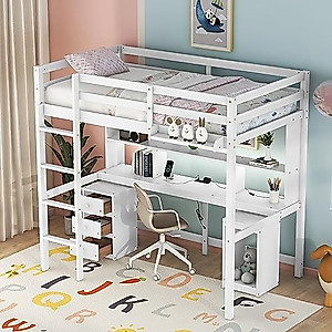 CITYLIGHT Twin Loft Bed with Desk,Wood Twin Size Loft Bed with Storage Shelves,Drawers and Cabinet, Loft Bed Twin with Charging Station,LED Light and Bedside Tray for Kids Boys Girls,White