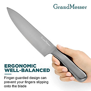 Cooking Chef Knife, 8 Inches Carbon Stainless Steel Kitchen Knife with Sharpener and Ergonomic Handle, Chopping Knife for Professional Use（Matte Stainless）
