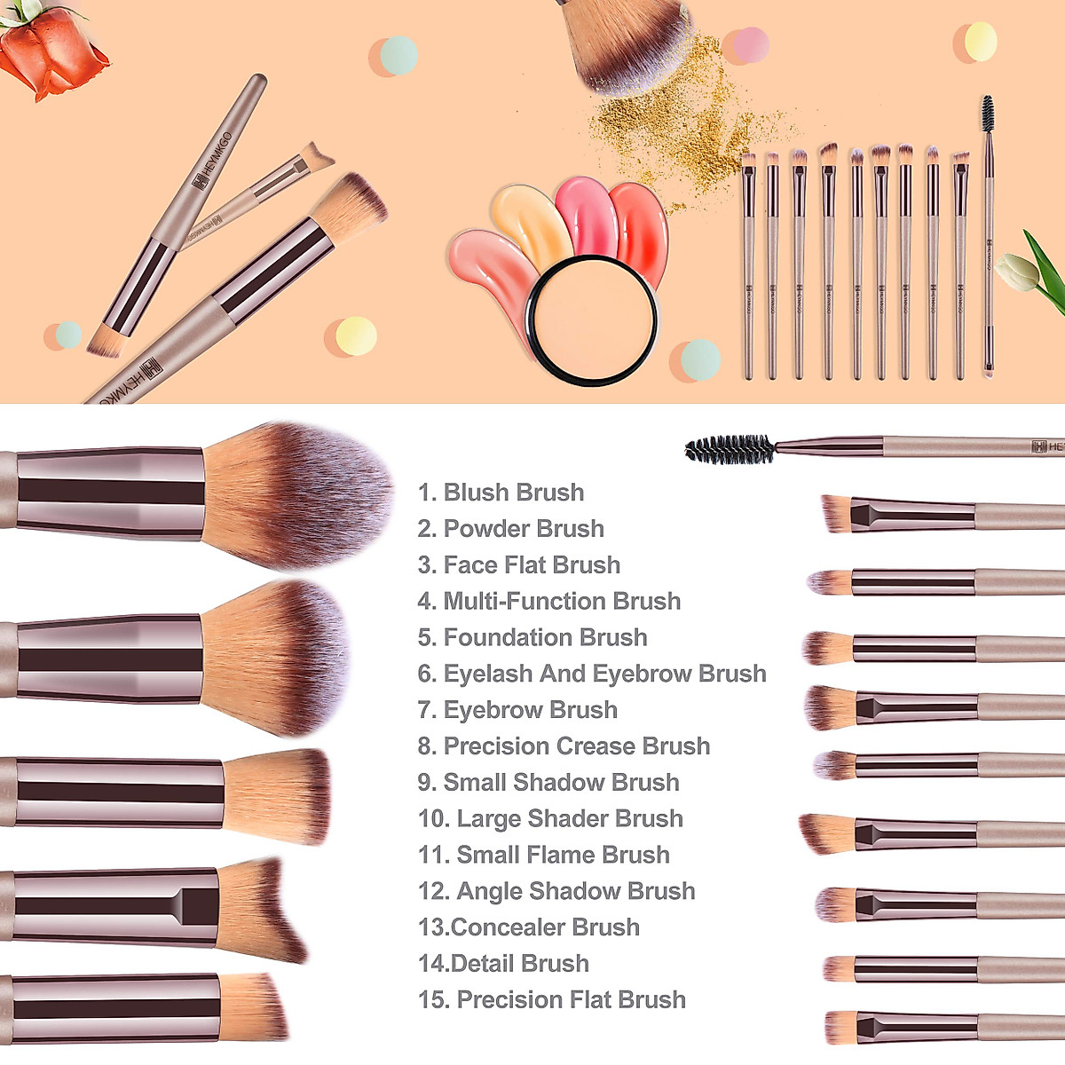 HEYMKGO Makeup Brushes 15PCS Champagne Gold Professional Makeup Brush Set Foundation Brush Blending Powder Blush Concealer Eye Make Up Brush with Bag