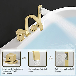 WATHELS Modern 4-Hole Waterfall Brushed Gold Bathtub Faucet Bathroom Roman Tub Filler Solid Brass Tub Faucet with Handheld Shower