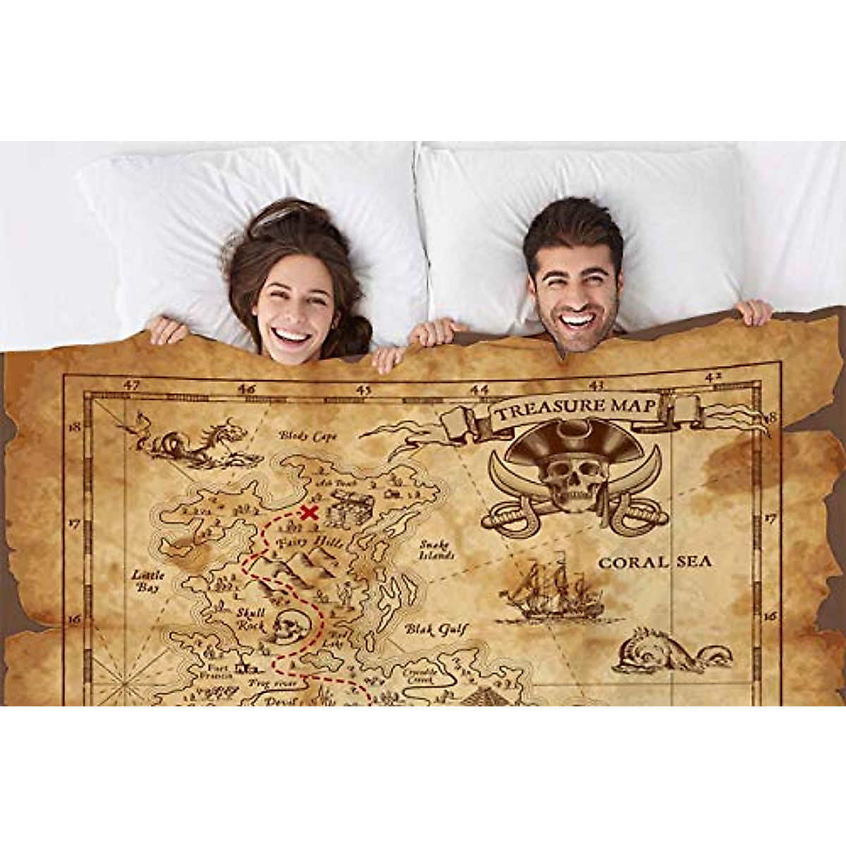 Mugod Map Throw Blanket Treasure Map and Pirate Emblem Sailboat Compass on a Ruined Old Parchment Decorative Soft Warm Cozy Flannel Plush Throws Blankets for Baby Toddler Dog Cat 30 X 40 Inch