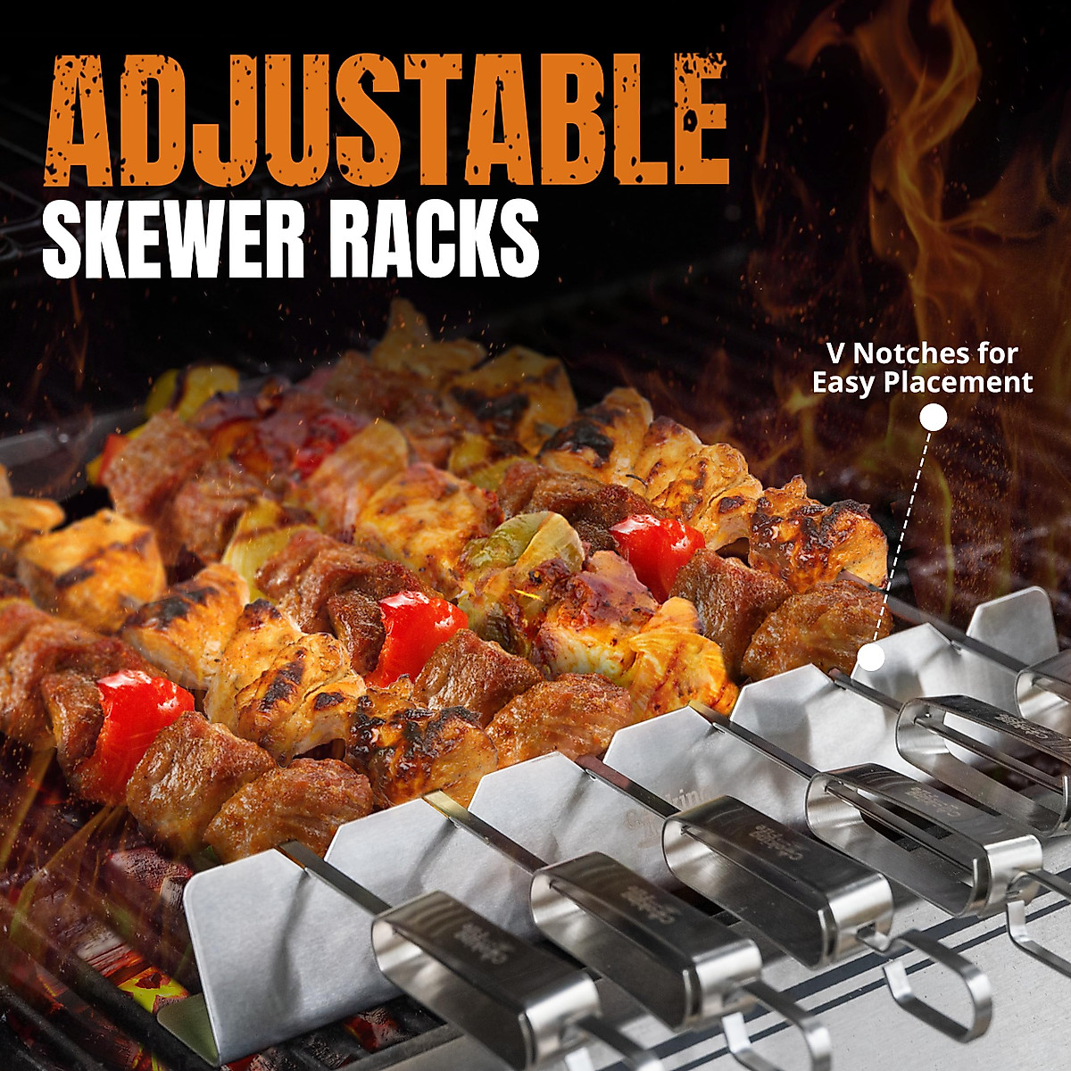 Metal Skewers for Kabobs - Shish Kabob Skewers for Grilling with Slider Plus Skewer Holder, 18" Long Flat Skewers for Kabobs 12" Kabob Rack Holds Stainless Steel Skewers for Grilling-Cooking With Fire