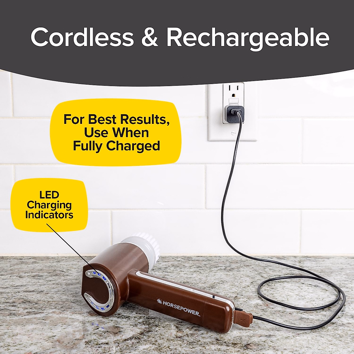 Horsepower Electric Power Scrubber, Waterproof, Spins 350 RPM, 5 Brush Heads, AS-SEEN-ON-TV, Cleans Dirt & Grime, Tile, Grout, Bathrooms, Kitchen, Auto Rims, Outdoor Furniture & More, Rechargeable