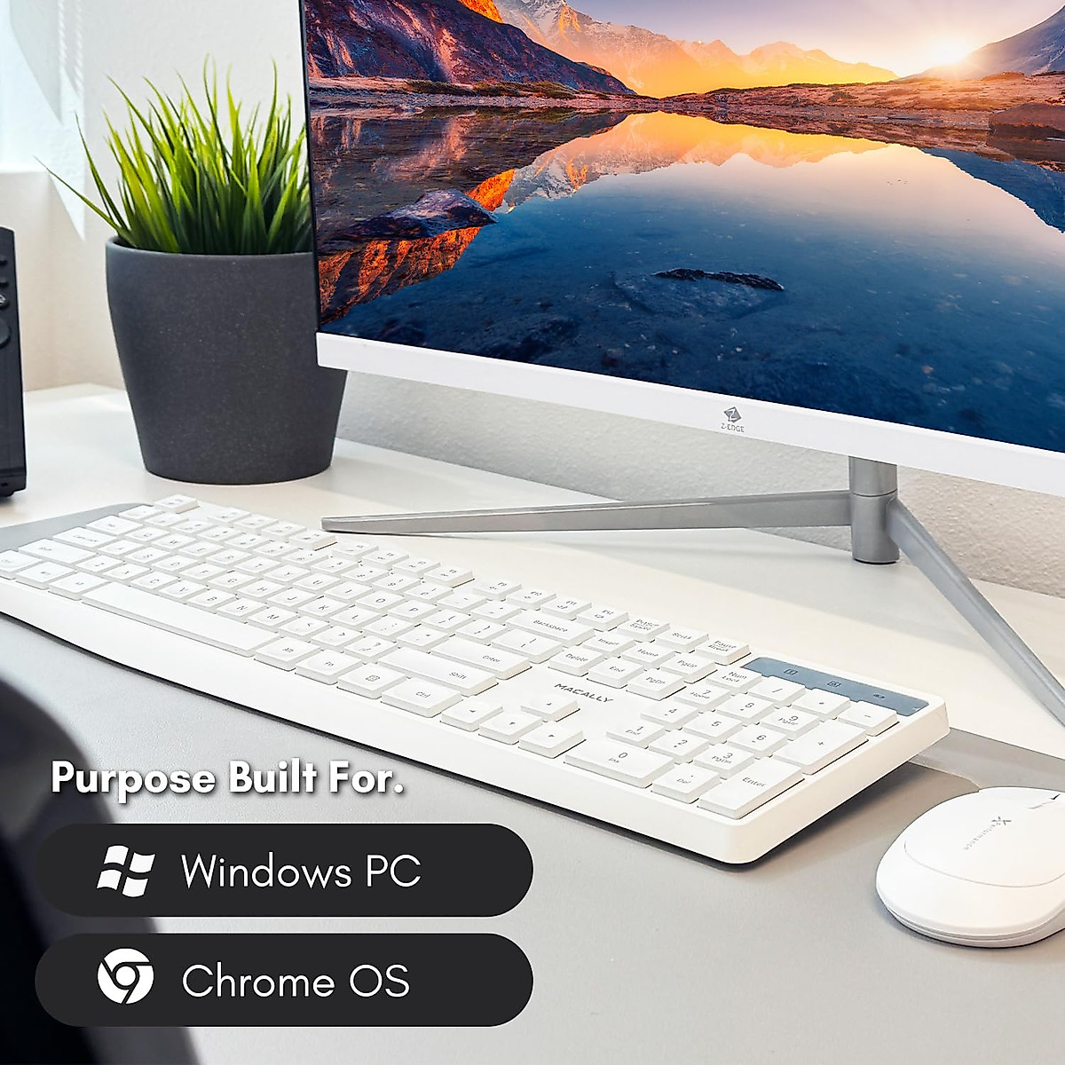 Macally Wireless Keyboard, 2.4G Wireless White Keyboard - Ergonomic Full Size Computer Keyboard with Numeric Keypad for Laptop, Desktop, Surface, Chromebook, Notebook