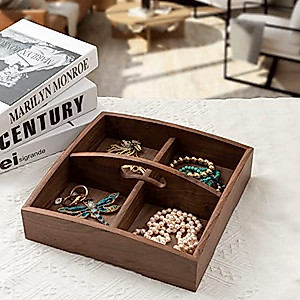 Insunen Walnut Wood Tray with Handle, Square Wooden Divided Serving Trays 4 Compartments, Nut Candy Snack Storage Organizer Trays, Coffee Table Tray, Ottoman Decorative Tray (10.6"x10.6"x3.15")